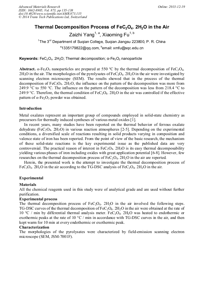 Thermal Decomposition Process of FeC2O4. 2H2O in the Air | Scientific.Net