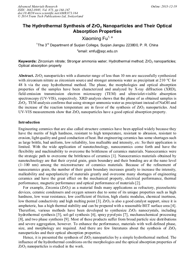 The Hydrothermal Synthesis of ZrO2 Nanoparticles and their Optical ...