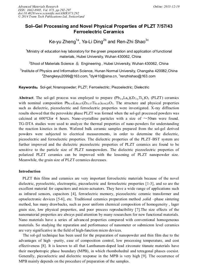 Sol-Gel Processing and Novel Physical Properties of PLZT 7/57/43 ...