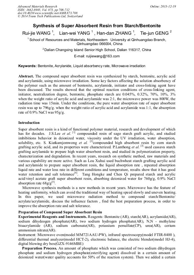 Synthesis of Super Absorbent Resin from Starch/Bentonite | Scientific.Net
