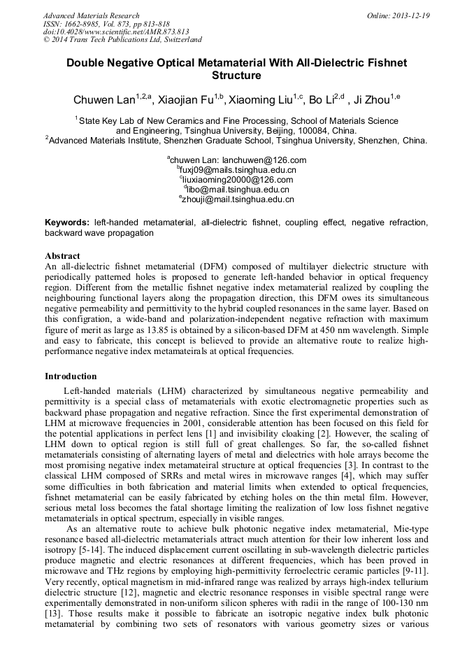 Double Negative Optical Metamaterial with All-Dielectric Fishnet ...