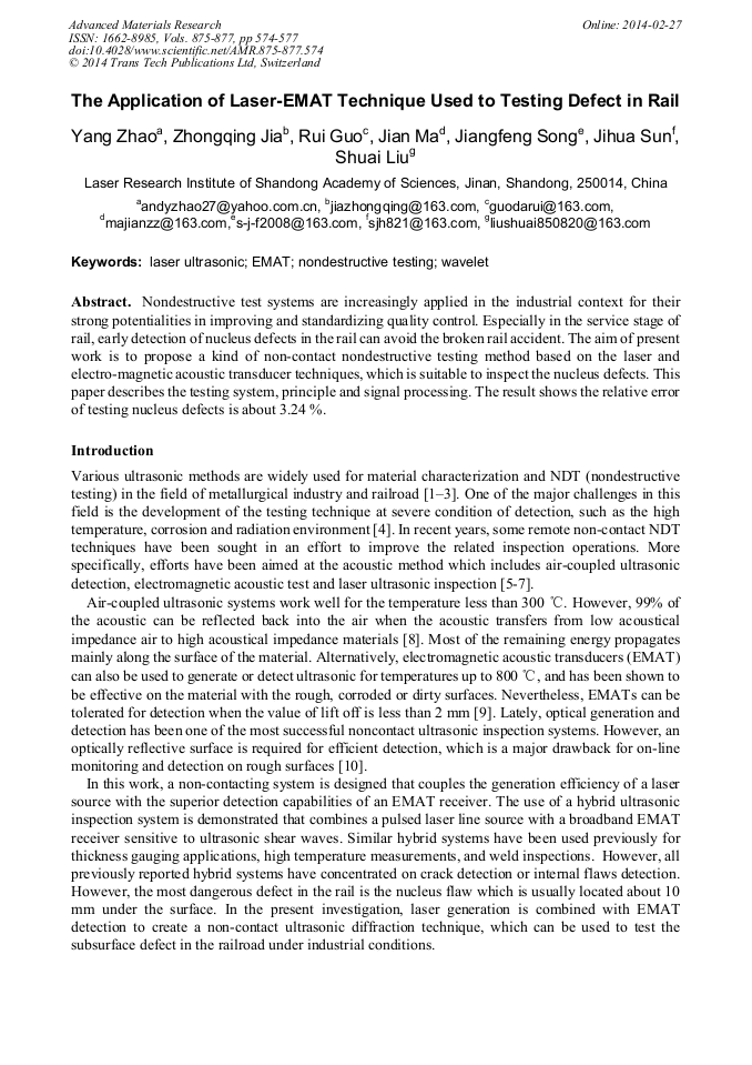 The Application of Laser-EMAT Technique Used to Testing Defect in Rail ...