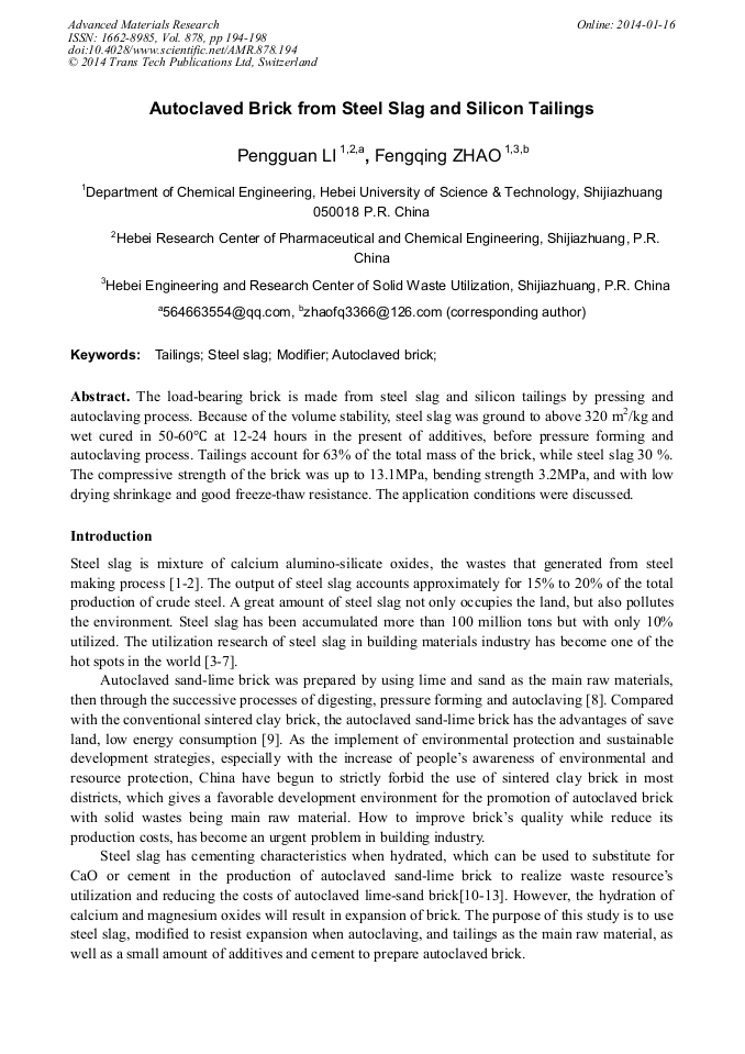 Autoclaved Brick from Steel Slag and Silicon Tailings | Scientific.Net