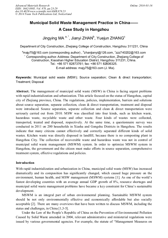 Municipal Solid Waste Management Practice in China - A Case Study in ...