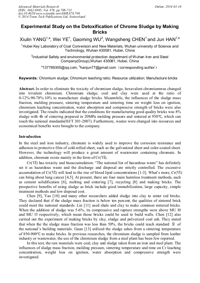Experimental Study on the Detoxification of Chrome Sludge by Making ...