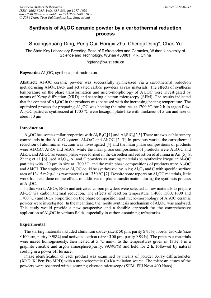 Synthesis of Al2OC Ceramic Powder by a Carbothermal Reduction Process ...