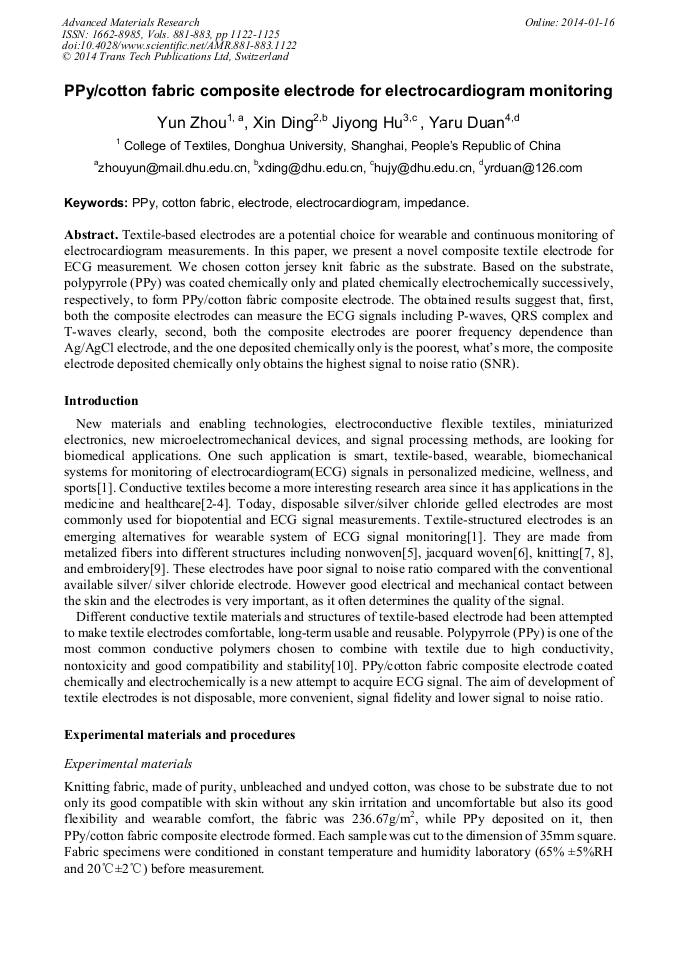 PPy/Cotton Fabric Composite Electrode for Electrocardiogram Monitoring ...