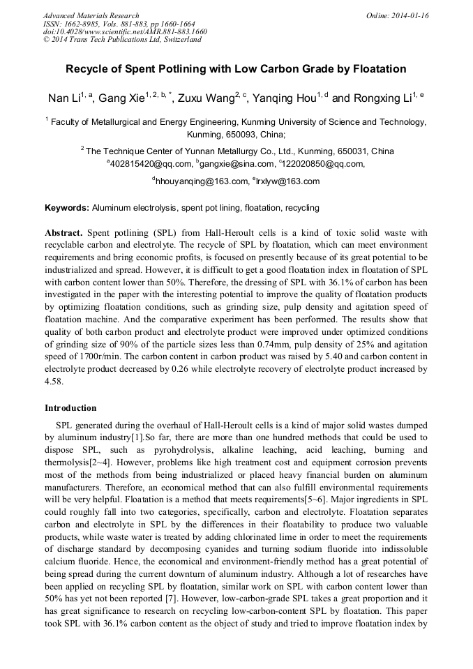 Recycle of Spent Potlining with Low Carbon Grade by Floatation ...