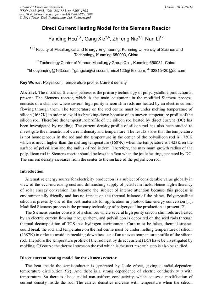 Direct Current Heating Model for the Siemens Reactor | Scientific.Net