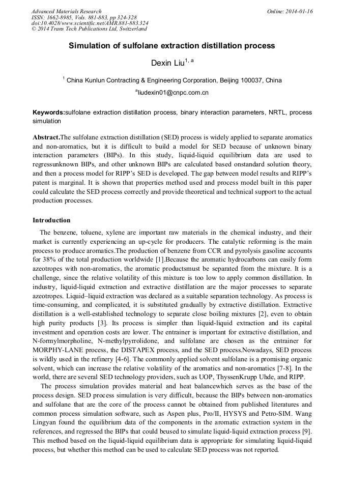 Simulation of Sulfolane Extraction Distillation Process | Scientific.Net