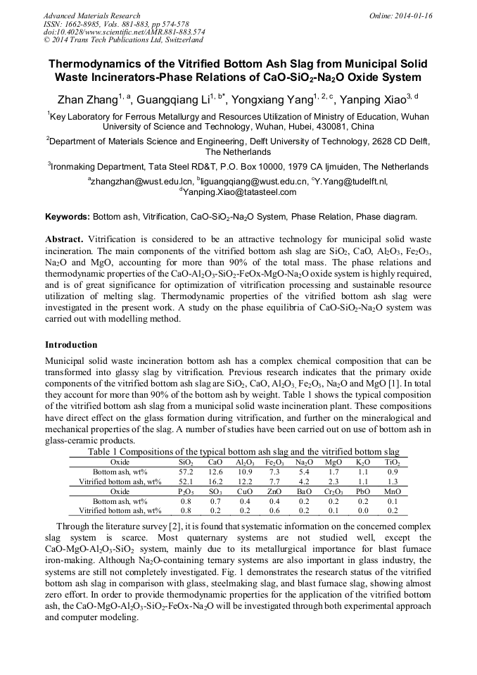Thermodynamics of the Vitrified Bottom Ash Slag from Municipal Solid ...