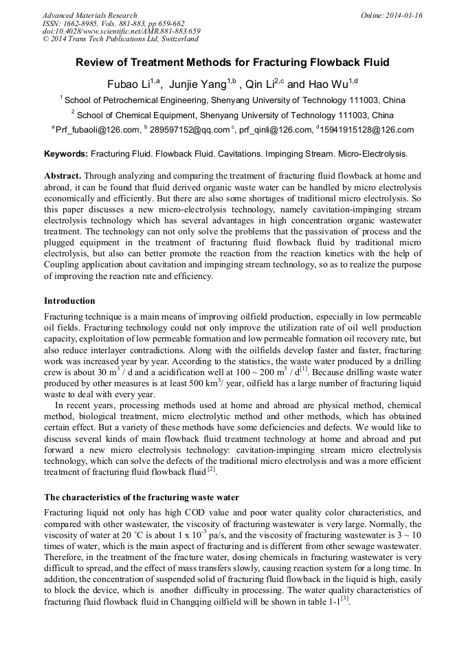 Review of Treatment Methods for Fracturing Flowback Fluid | Scientific.Net