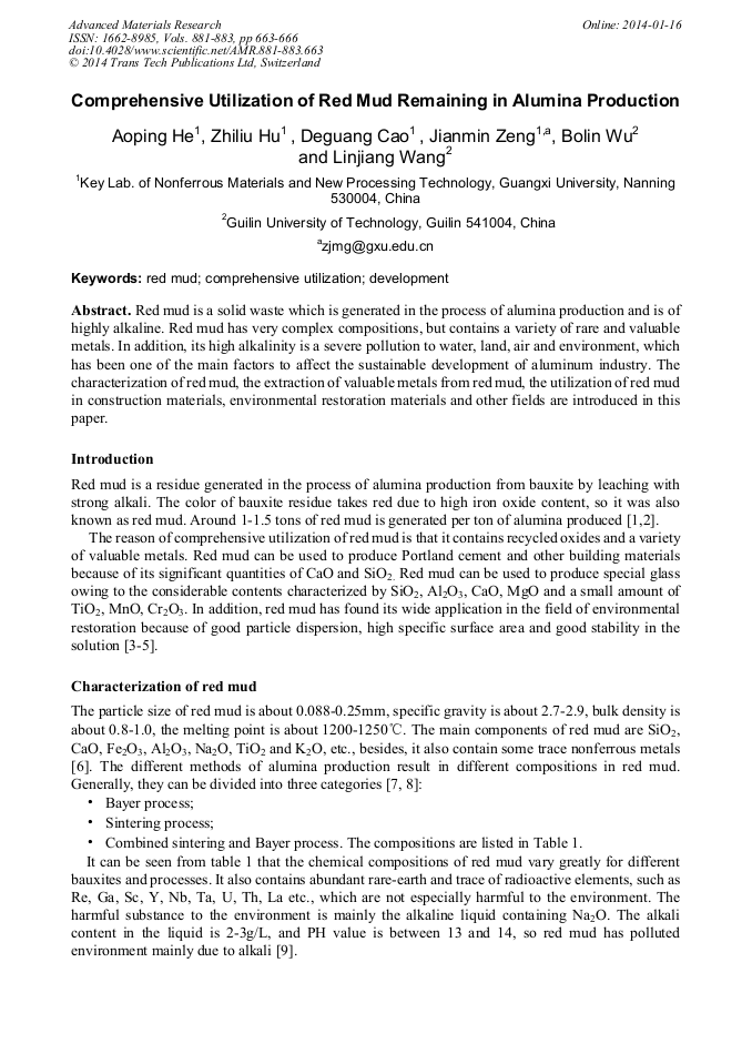 Comprehensive Utilization of Red Mud Remaining in Alumina Production ...