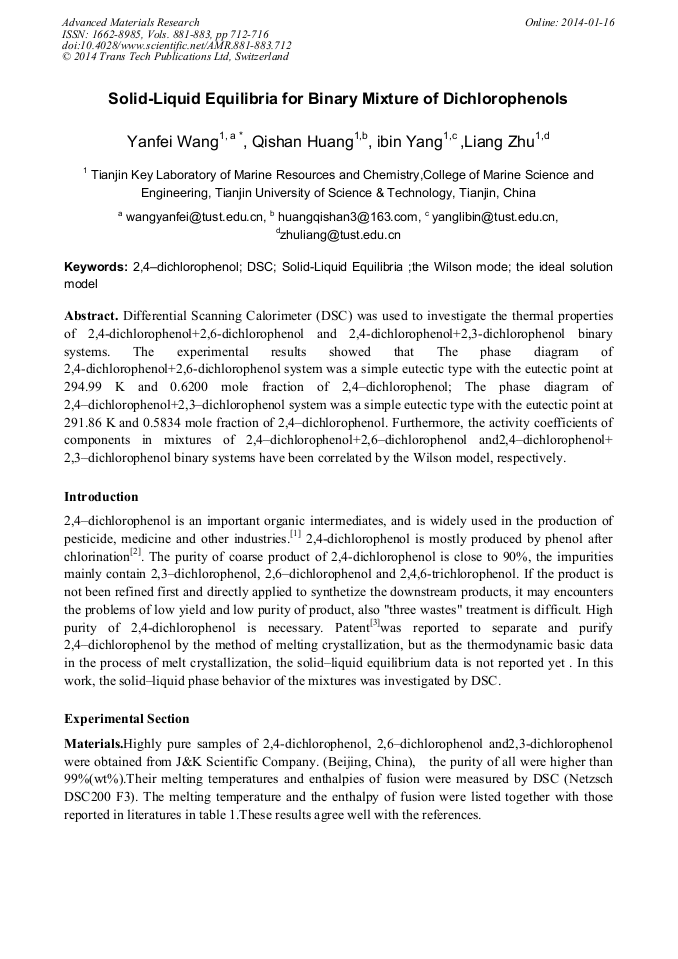 Solid-Liquid Equilibria for Binary Mixture of Dichlorophenols ...