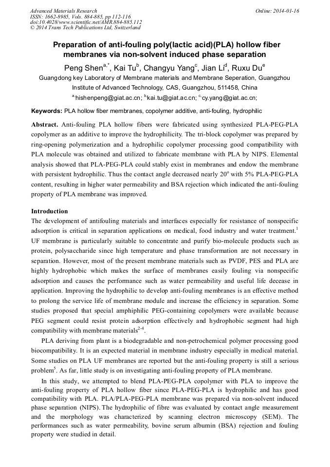 Preparation of Anti-Fouling Poly(Lactic Acid)(PLA) Hollow Fiber ...