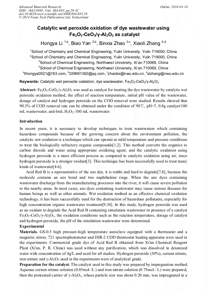 Catalytic Wet Peroxide Oxidation of Dye Wastewater Using Fe2O3-CeO2/γ ...