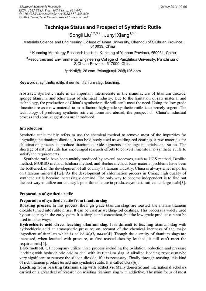 Technique Status and Prospect of Synthetic Rutile | Scientific.Net