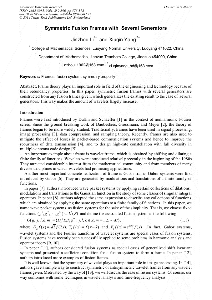 Symmetric Fusion Frames with Several Generators | Scientific.Net