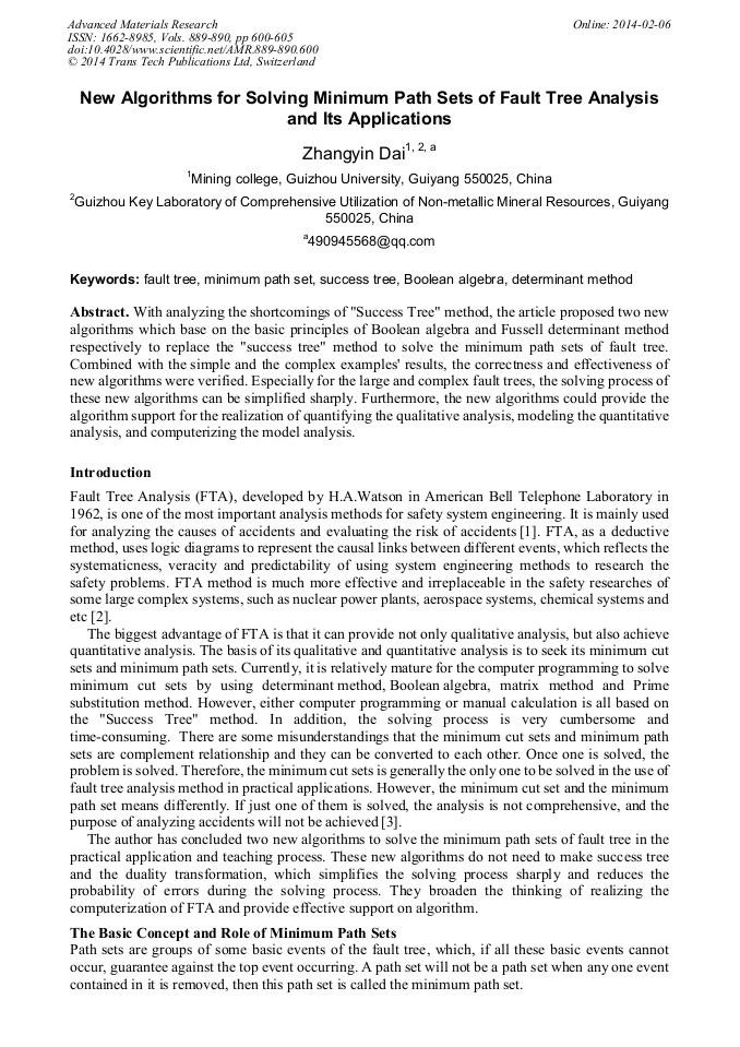 New Algorithms for Solving Minimum Path Sets of Fault Tree Analysis and ...