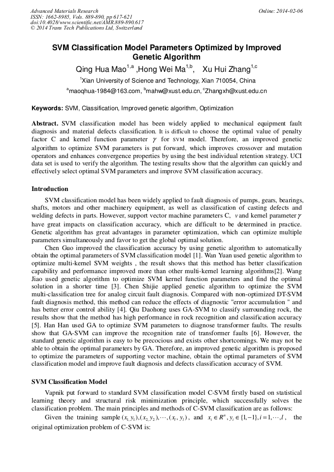 Svm Classification Model Parameters Optimized By Improved Genetic Algorithm Scientificnet