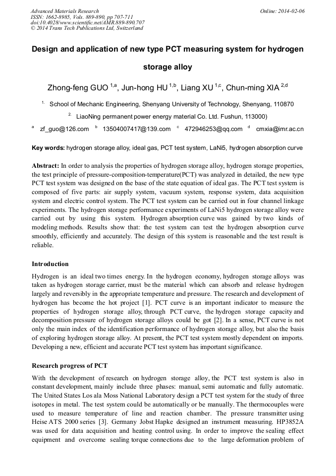 Design and Application of New Type PCT Measuring System for Hydrogen ...