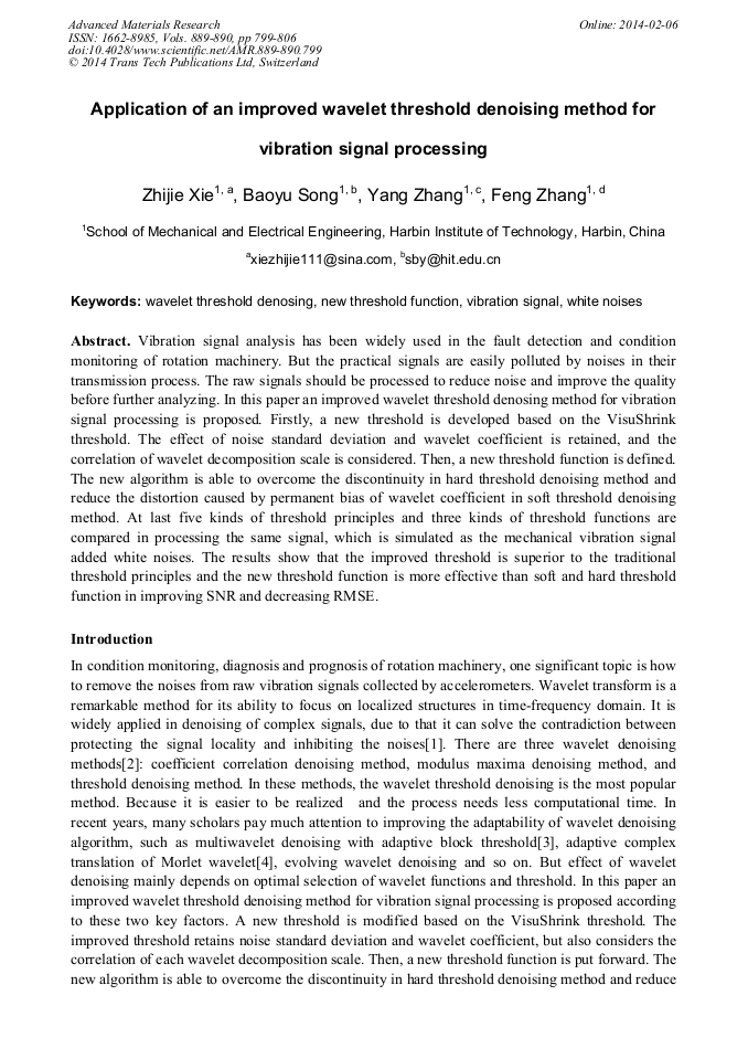 Application of an Improved Wavelet Threshold Denoising Method for Vibration Signal Processing ...