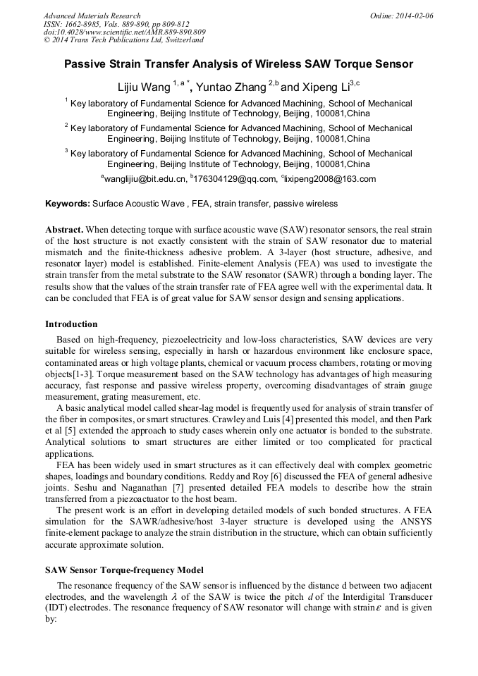Passive Strain Transfer Analysis of Wireless SAW Torque Sensor ...