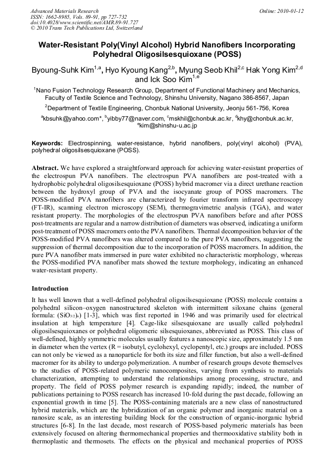 Water-Resistant Poly(Vinyl Alcohol) Hybrid Nanofibers Incorporating ...