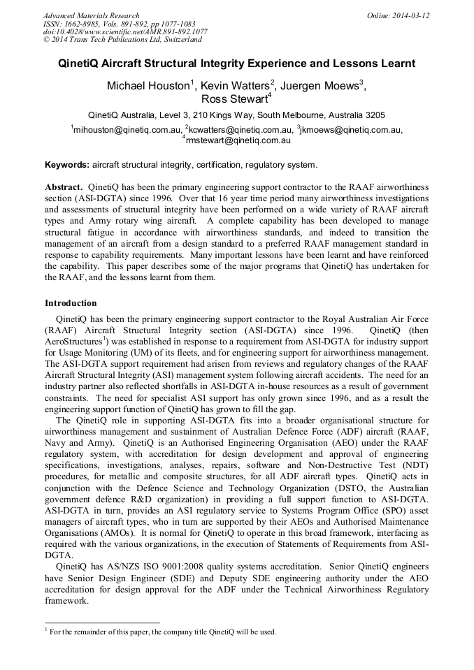 QinetiQ Aircraft Structural Integrity Experience and Lessons Learnt ...