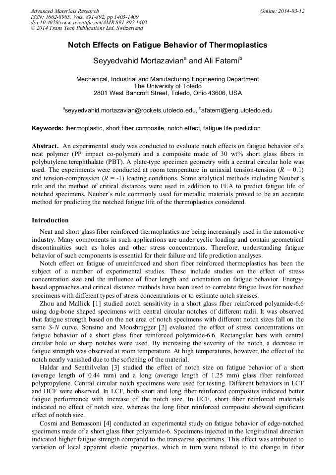 Notch Effects on Fatigue Behavior of Thermoplastics | Scientific.Net