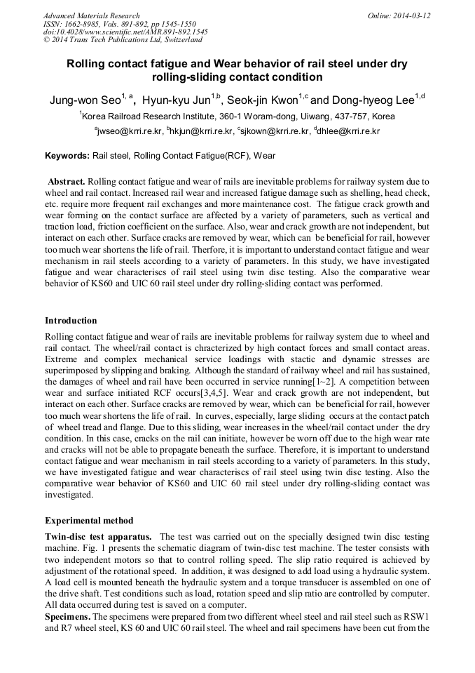 Rolling Contact Fatigue and Wear Behavior of Rail Steel under Dry ...