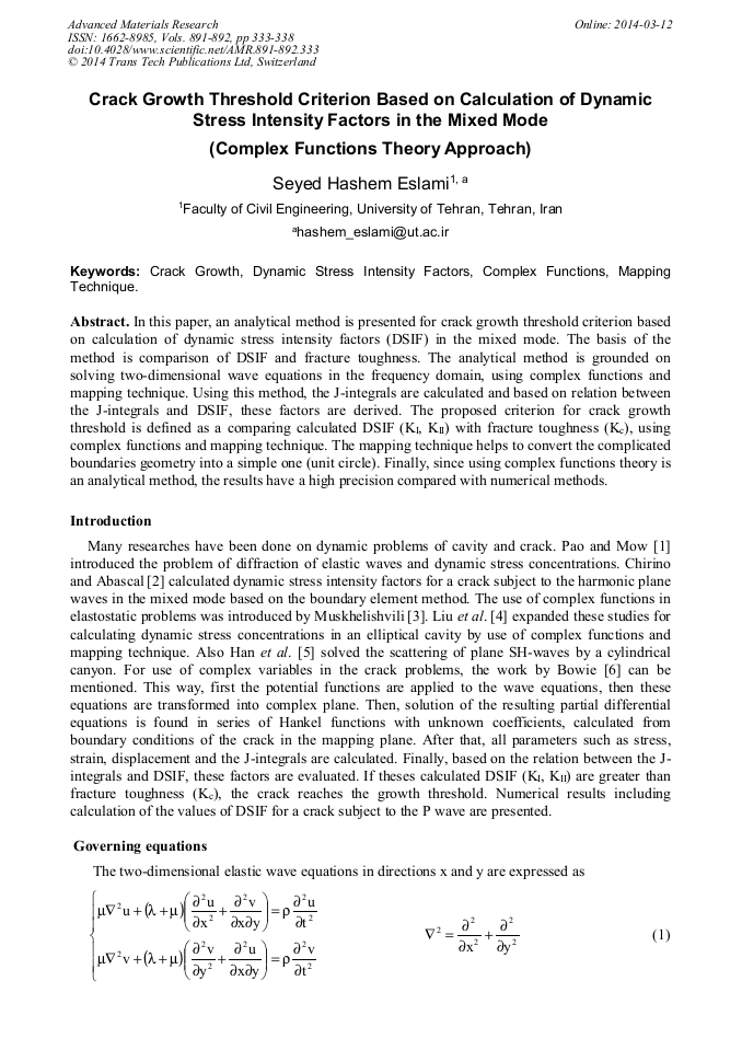 Crack Growth Threshold Criterion Based on Calculation of Dynamic Stress ...