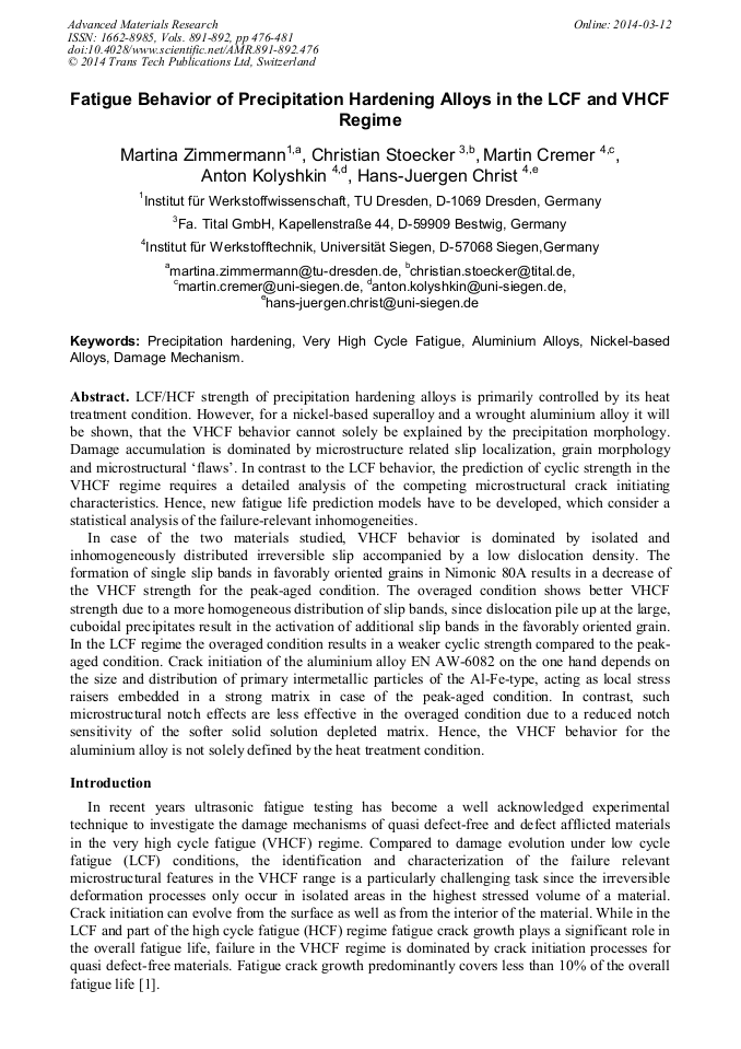 Fatigue Behavior of Precipitation Hardening Alloys in the LCF and VHCF ...