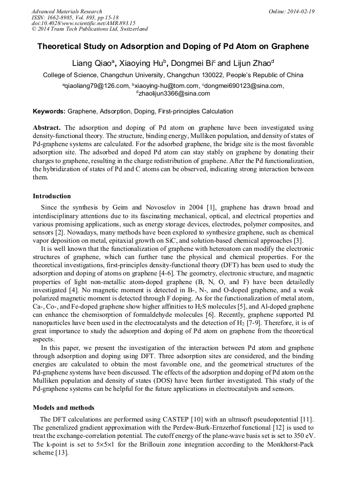 Theoretical Study on Adsorption and Doping of Pd Atom on Graphene ...