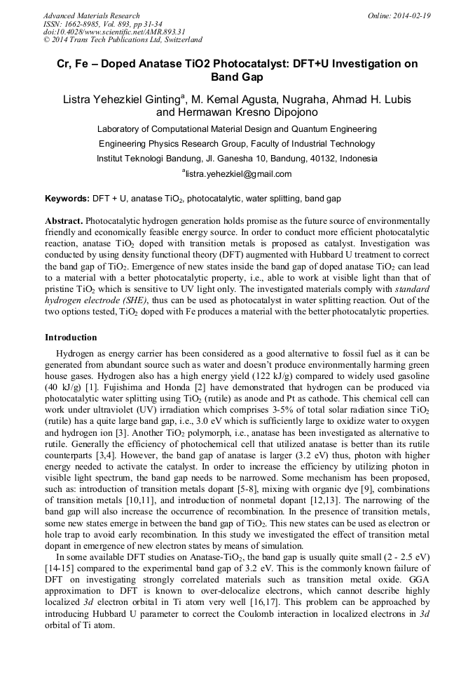 Cr, Fe - Doped Anatase TiO2 Photocatalyst: DFT+U Investigation on Band ...