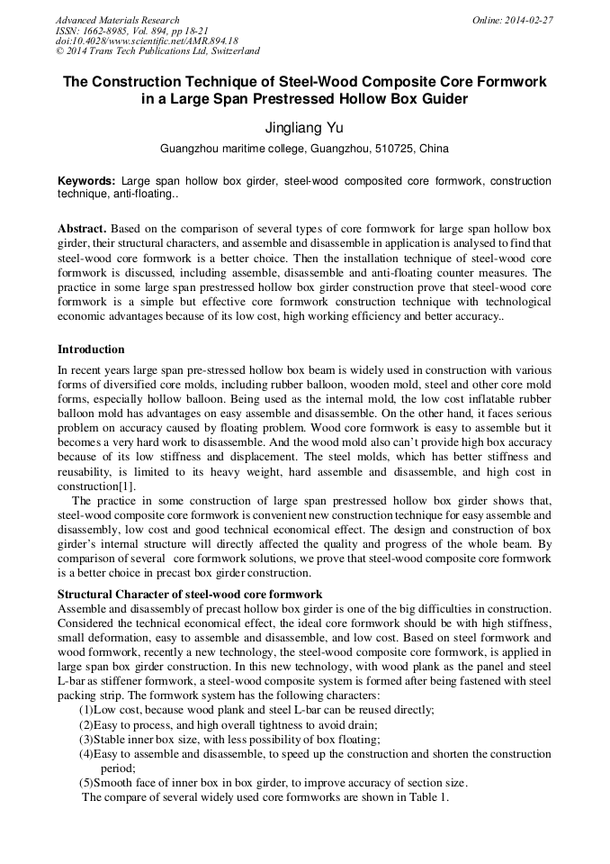 The Construction Technique of Steel-Wood Composite Core Formwork in a ...