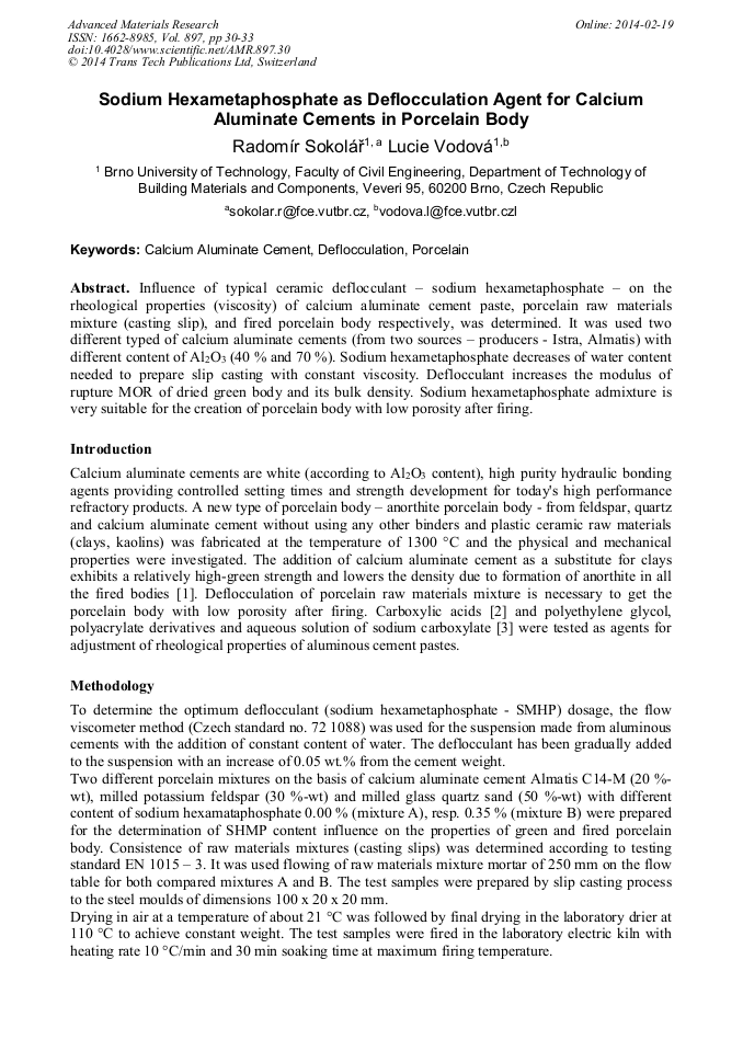 Sodium Hexametaphosphate as Deflocculation Agent for Calcium Aluminate ...