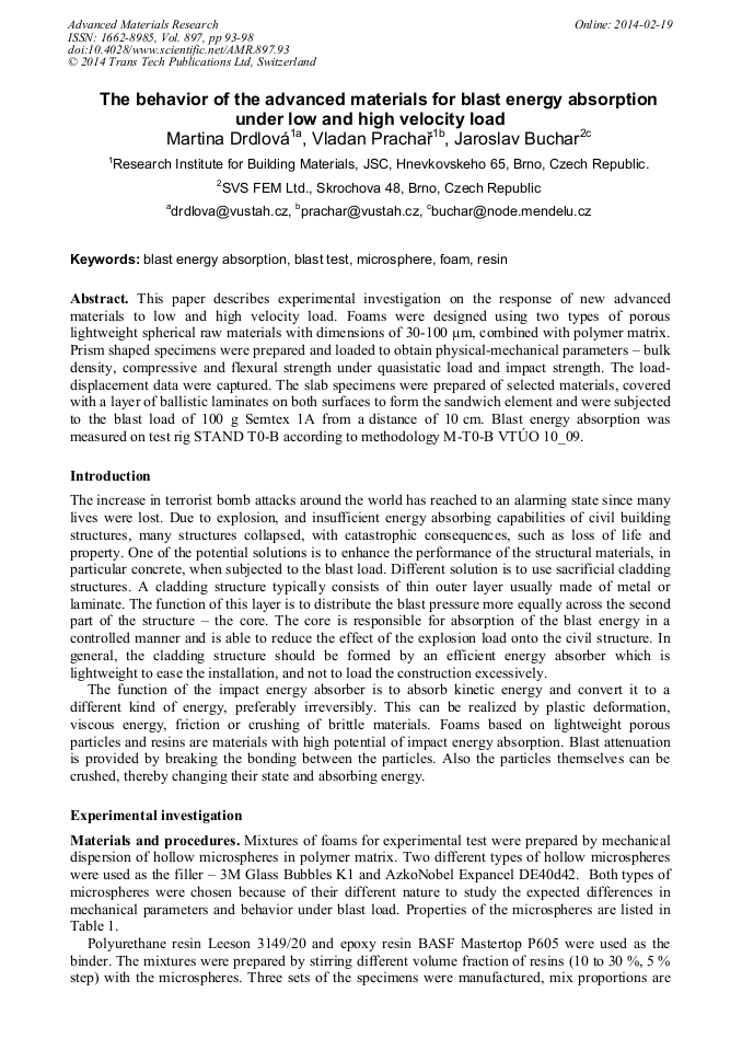 The Behavior of the Advanced Materials for Blast Energy Absorption ...
