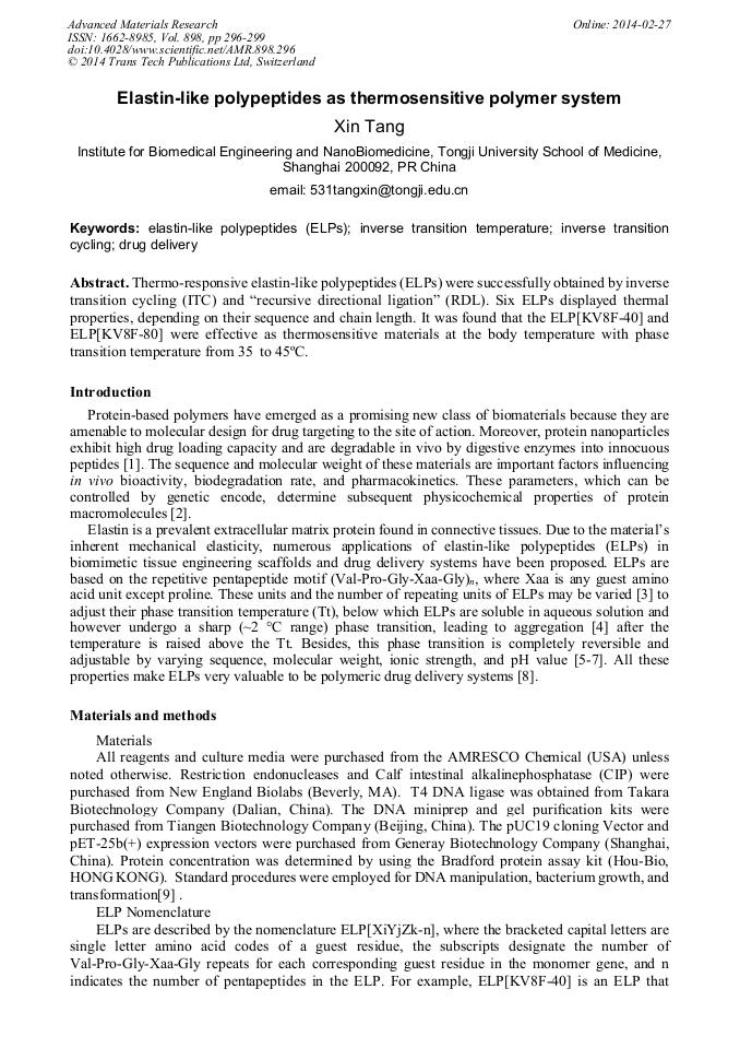Elastin-Like Polypeptides as Thermosensitive Polymer System ...