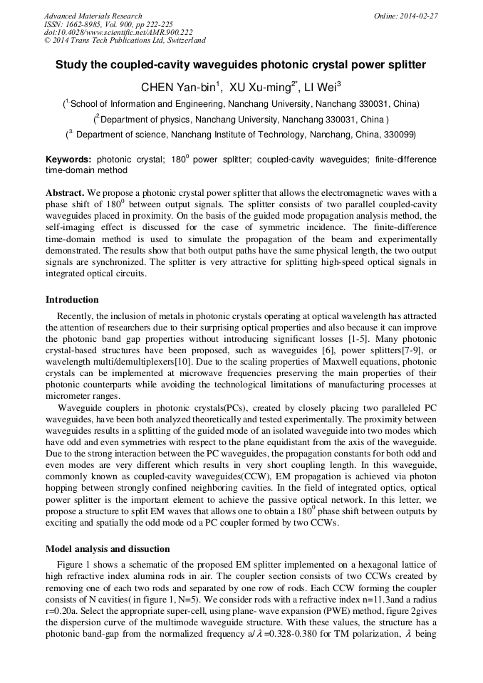 Study the Coupled-Cavity Waveguides Photonic Crystal Power Splitter ...