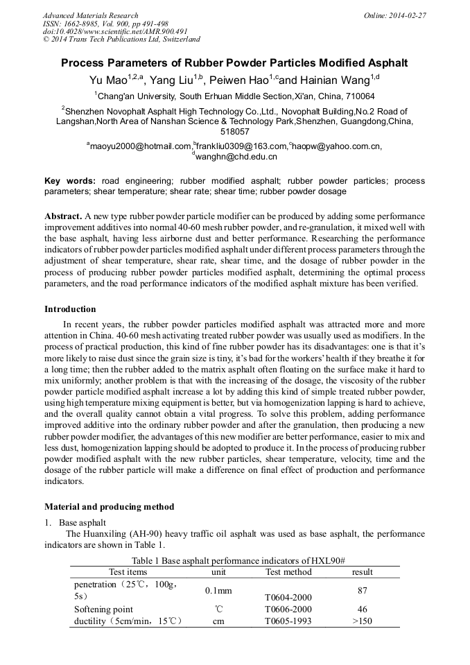 Process Parameters of Rubber Powder Particles Modified Asphalt ...