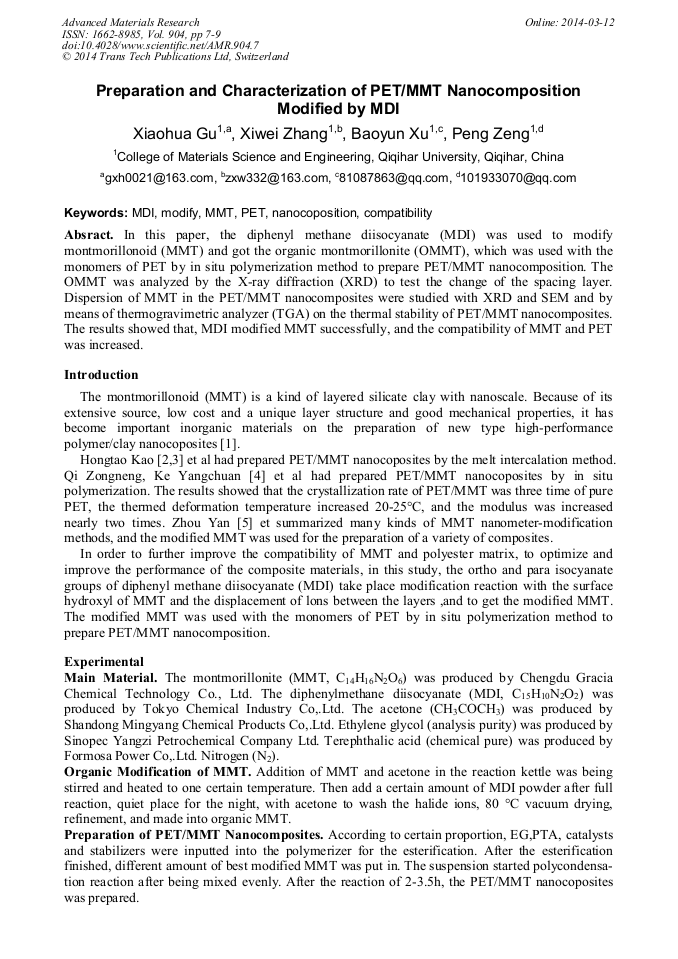 Preparation and Characterization of PET/MMT Nanocomposition Modified by ...