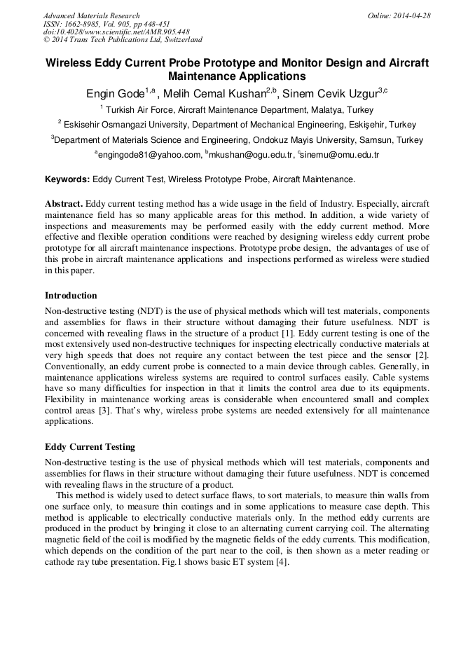 Wireless Eddy Current Probe Prototype and Monitor Design and Aircraft ...