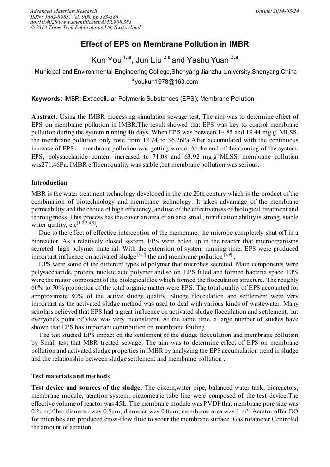 Effect of EPS on Membrane Pollution in IMBR | Scientific.Net