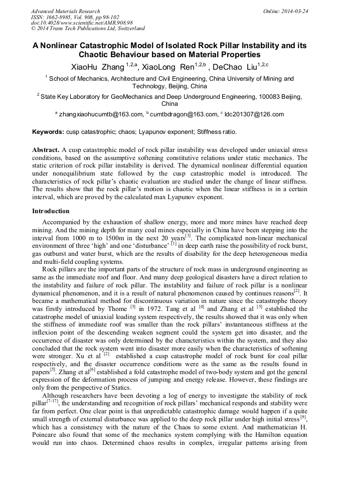 A Nonlinear Catastrophic Model of Isolated Rock Pillar Instability and ...