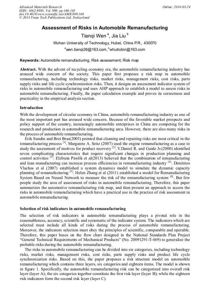 Assessment of Risks in Automobile Remanufacturing | Scientific.Net