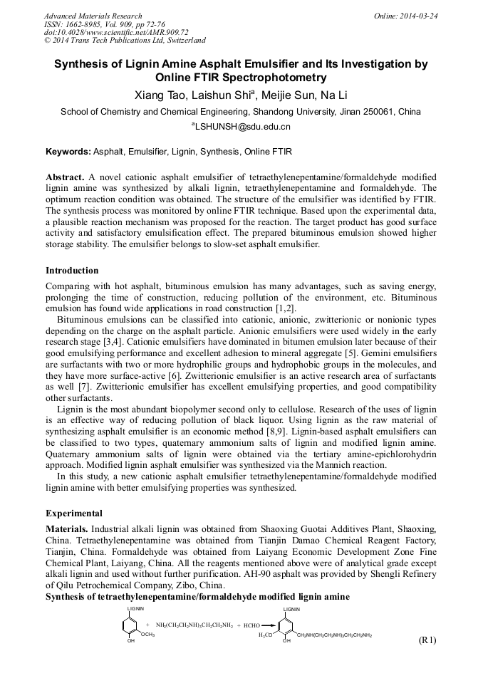 Synthesis of Lignin Amine Asphalt Emulsifier and its Investigation by ...