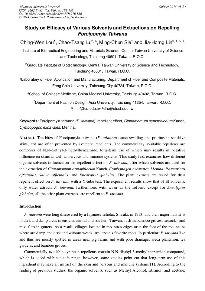 Study on Efficacy of Various Solvents and Extractions on Repelling ...