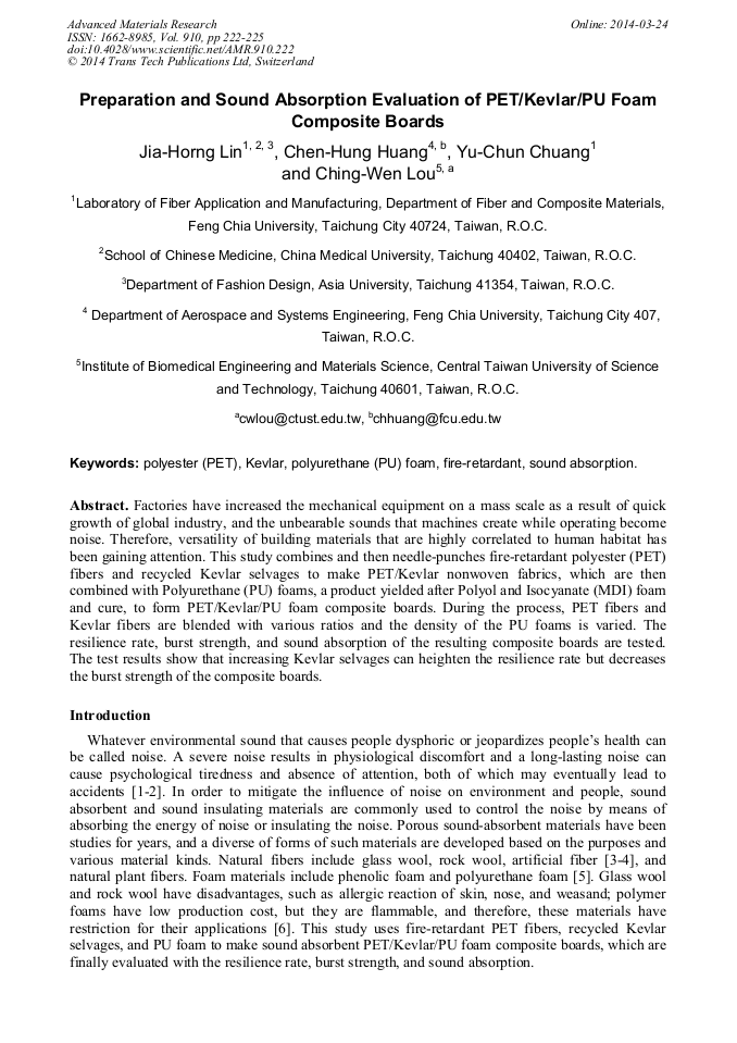 Preparation and Sound Absorption Evaluation of PET/Kevlar/PU Foam ...