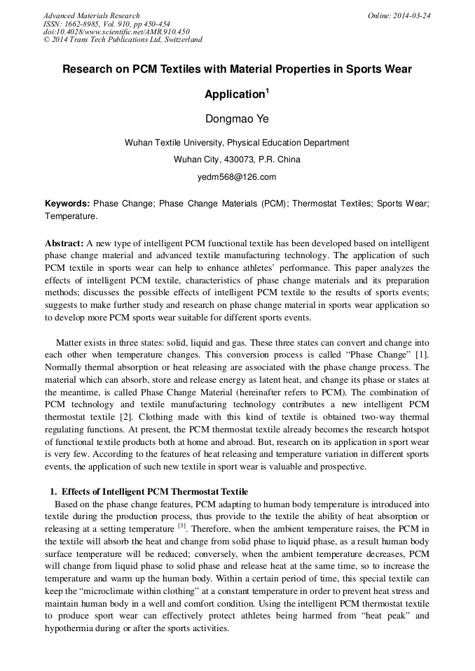 Research on PCM Textiles with Material Properties in Sports Wear ...
